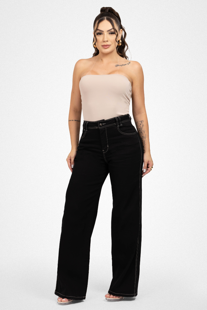 Calça Jeans Preta Wide Leg Feminina - Sol Jeans